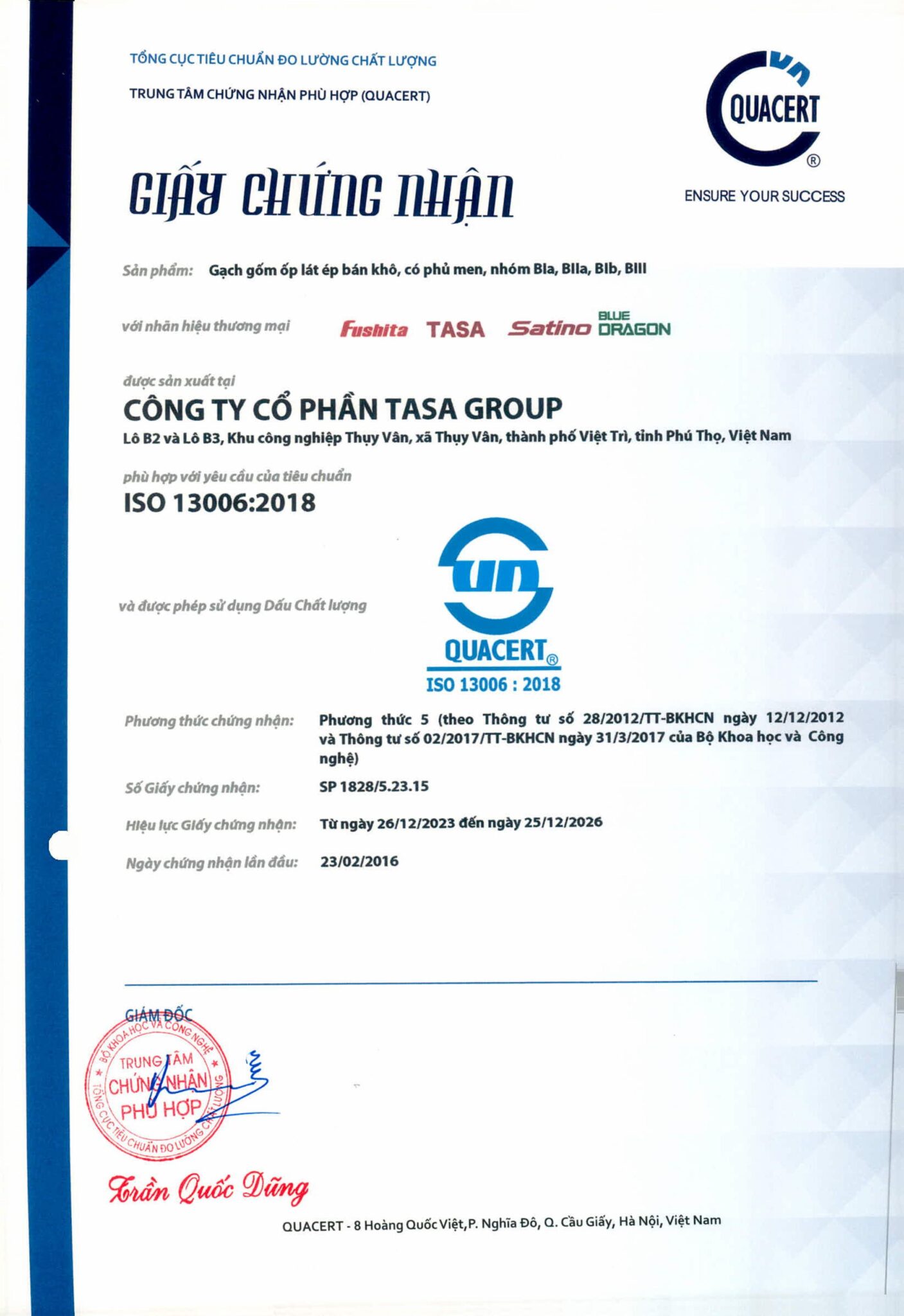 Giấy chứng nhận sản phẩm page - TASA Group